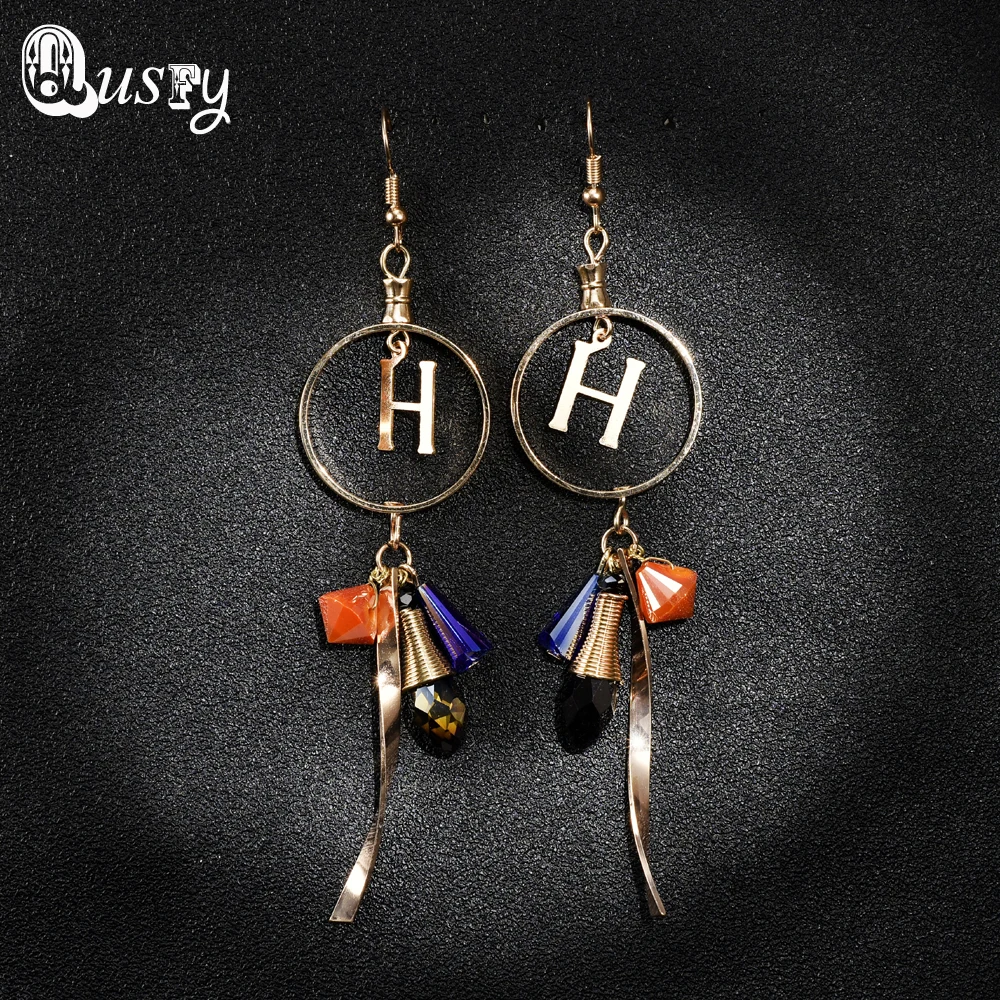 Handmade Gold Color Bar Round Letter H Earrings Crystal Metal Tassel ...