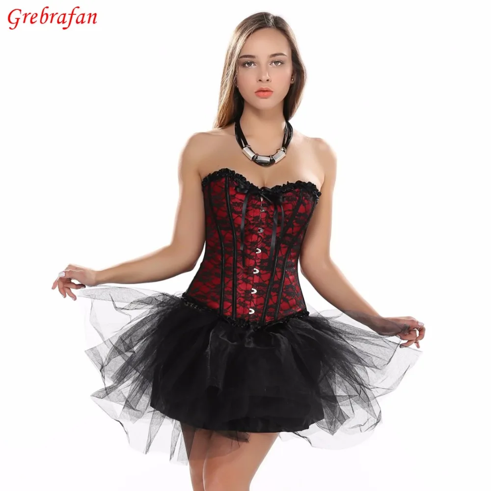 Burlesque Dancer Overbust Lace Overlay Corset Bustier Top With Tutu
