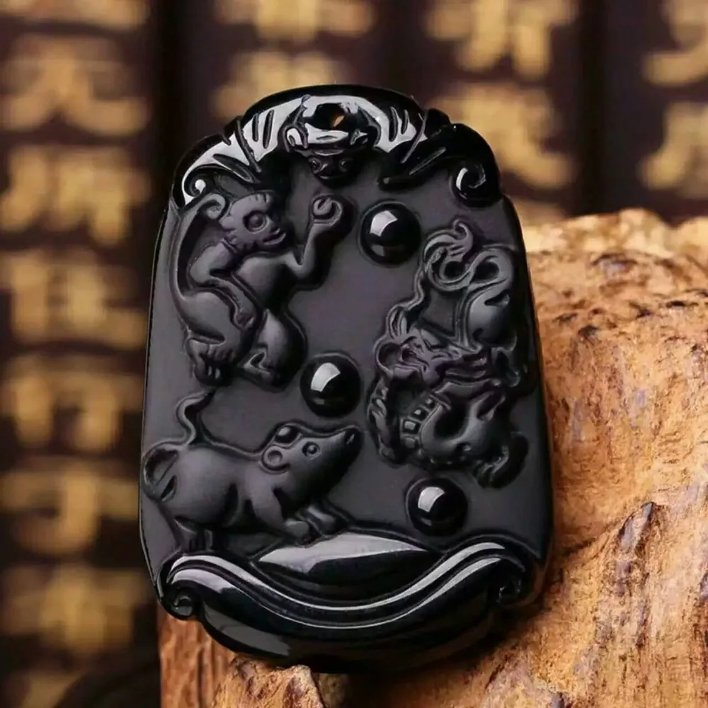 Natural-frosted-obsidian-rat-monkey-dragon-triad-zodiac-necklace ...
