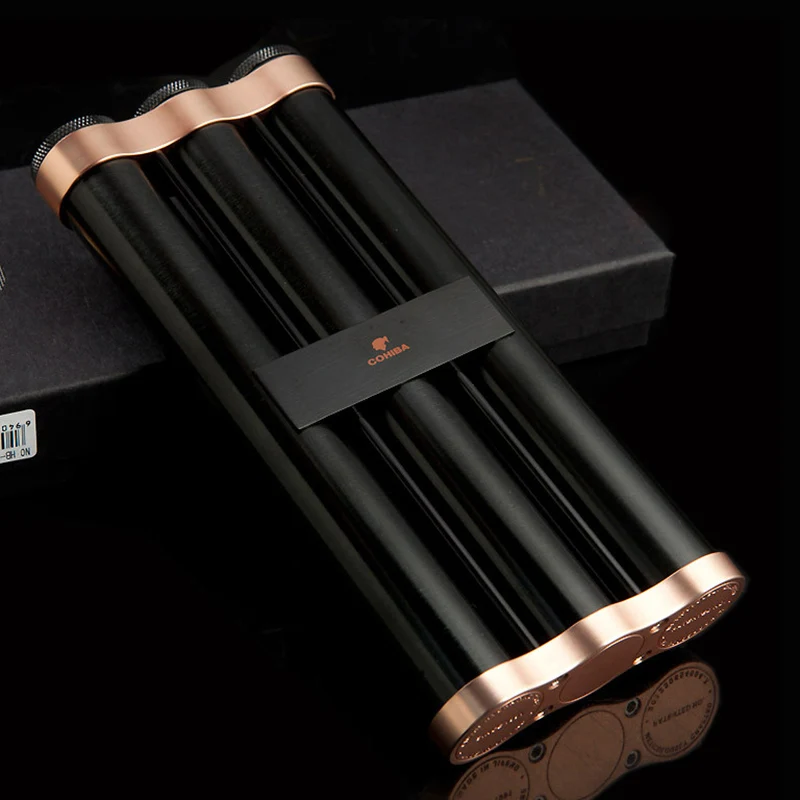 Black Alloy Metal Travel Cigar Holder 3 Tube Humidor with Humidifier ...