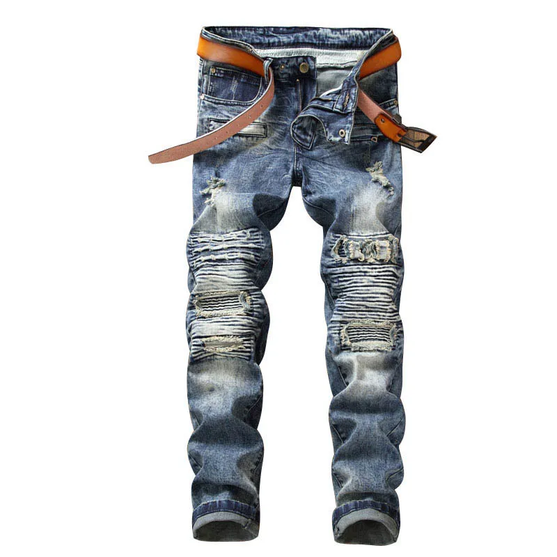 Men Ripped Jeans Pleated Denim Street Fashion For Men Long Trousers Biker Jeanmens Fashion