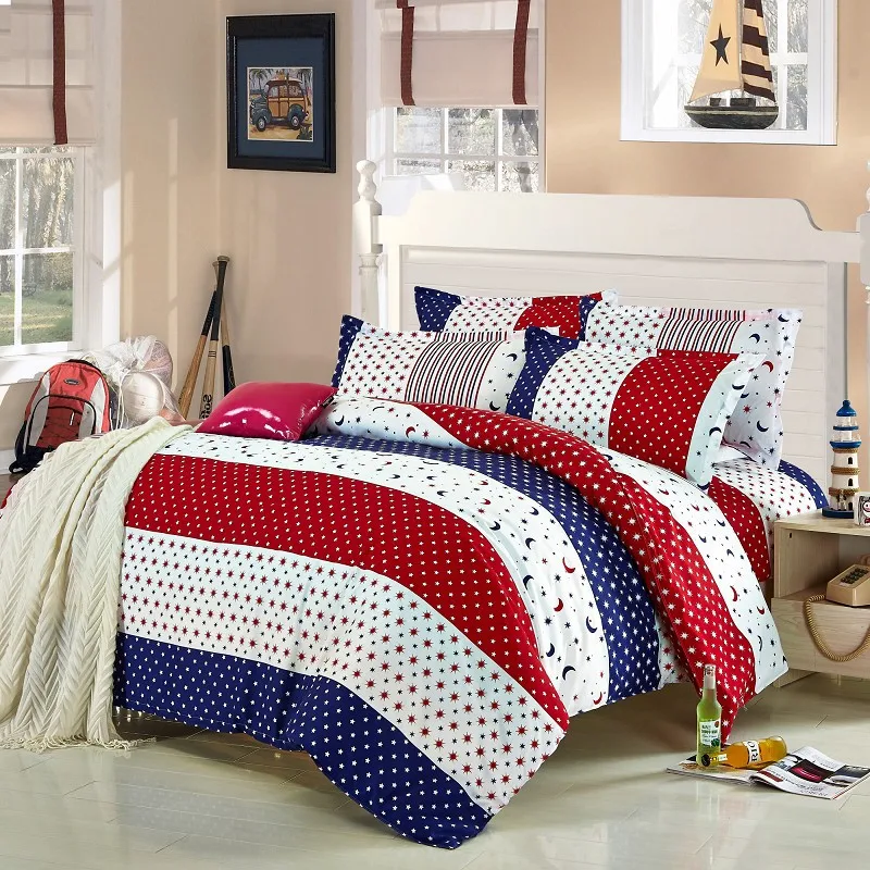 4PCS twin full size red white blue striped bedding blue white red star ...