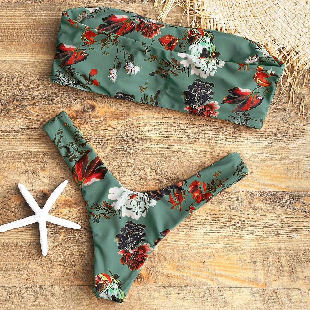 Women Sexy Floral Bandeau Thong Bikini Set Women Swimsuit Swimwear ...