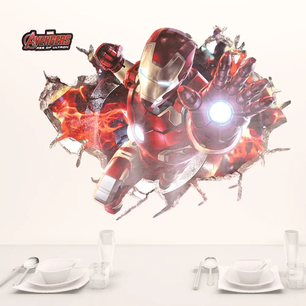 3D Effect Iron Man Hero Through Wall Stickers For Kids Rooms Nursery ...
