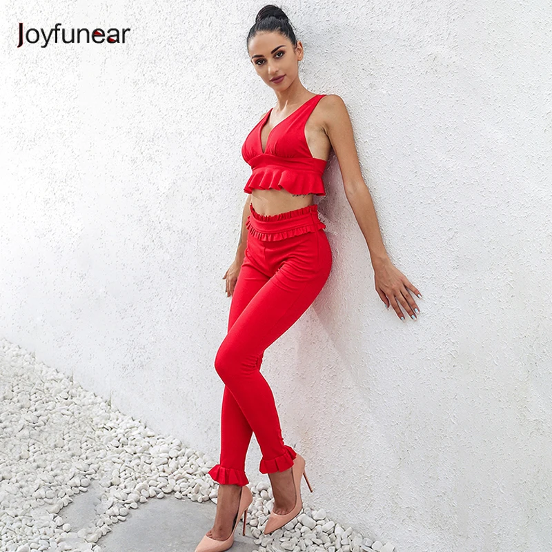 Joyfunear Women Two Piece Outfits Croptop And Out Wear Pants Set Women