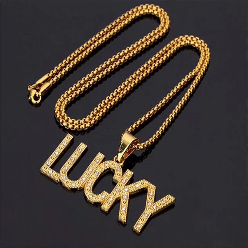 Crystal Letter Lucky Pendants Necklaces Golden Bling Jewelry Gifts Men ...