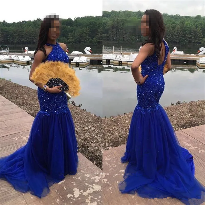Royal Blue Long Mermaid Prom Dresses 2017 Sexy 8th Grade Beaded Evening