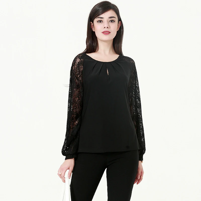 Plus Size Semi Sheer Patchwork Lace Lantern Sleeve Women Blouse O Neck Casual Black Lace Blouse