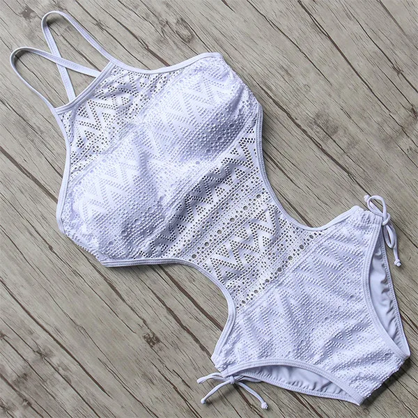 Sexy Lace One Piece Swimsuit Swimwear Women Solid High Neck Monokini