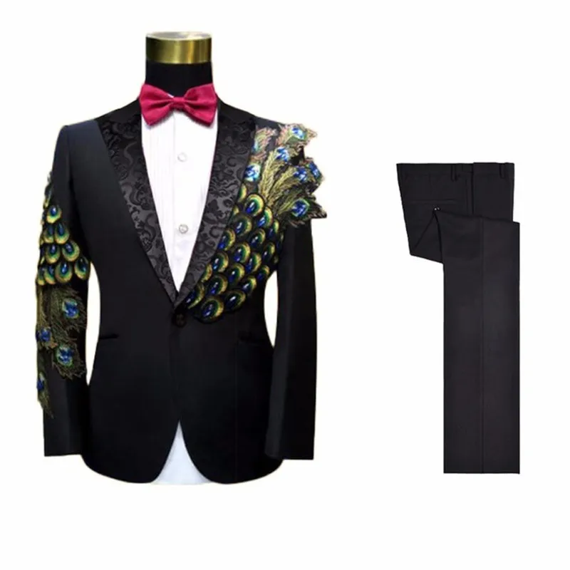 Custom Made Peacock Pattern Black Men Suit 2 Pieces(jacket+pants+tie ...