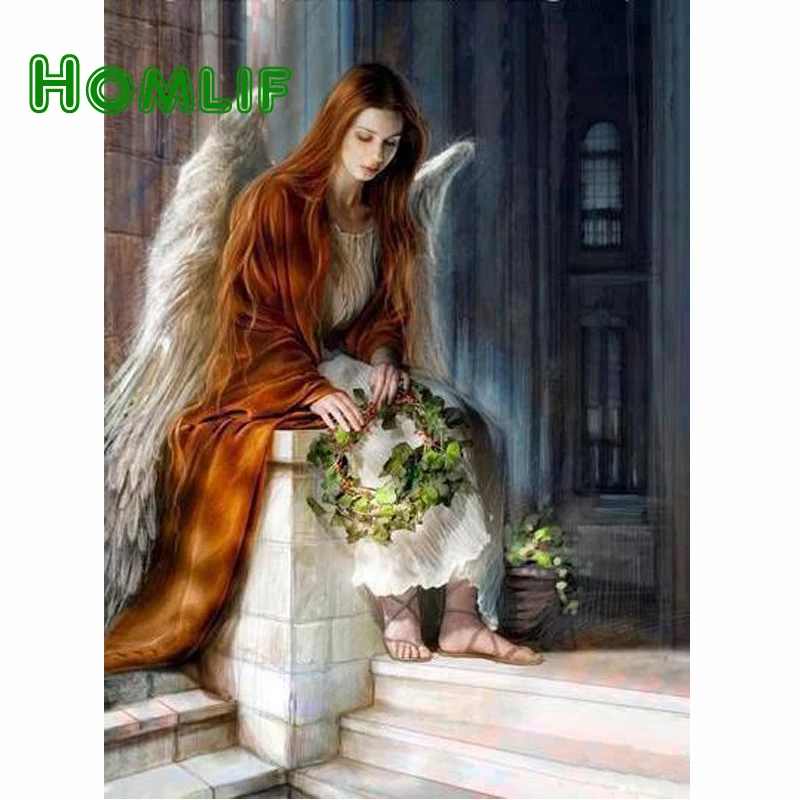 HOMLIF square full drill Angel woman leaves diamond embroidery ...