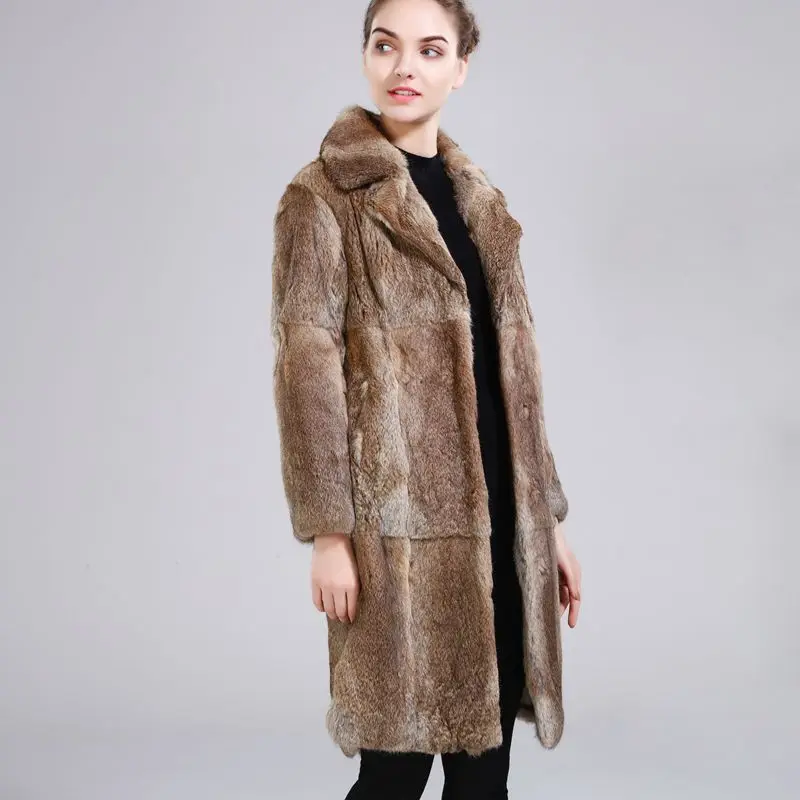 New arrival lady natural rabbit fur coat medium long thick warm 100cm ...