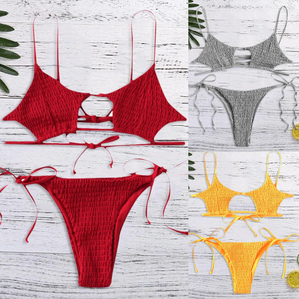 Vrouwen Print Push Up Bh Beach Bikini Effen Geel Rood Badpak Bandage
