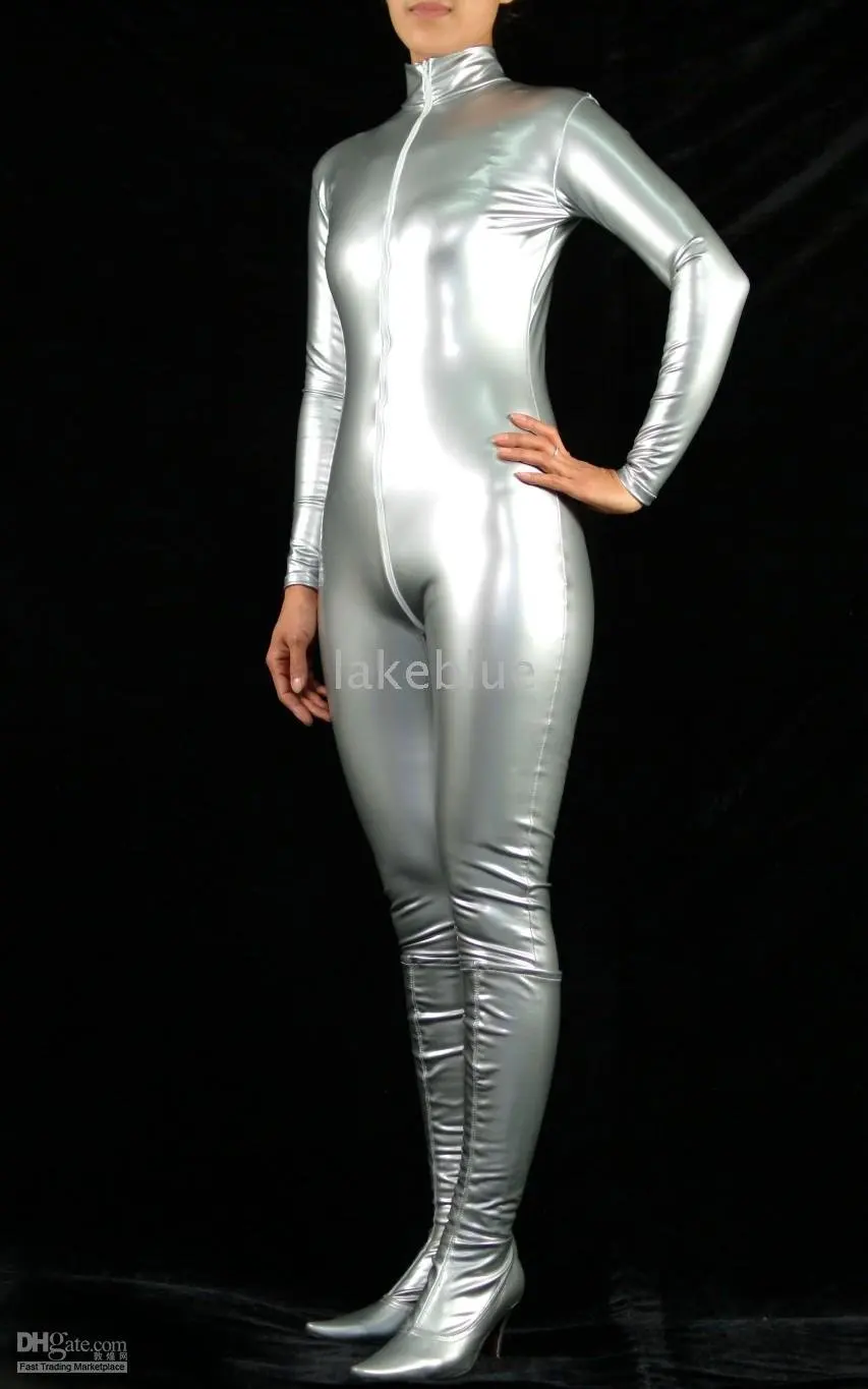 Silver Zentai Catsuit Costume W29 Free Shipping Metallic Lycra