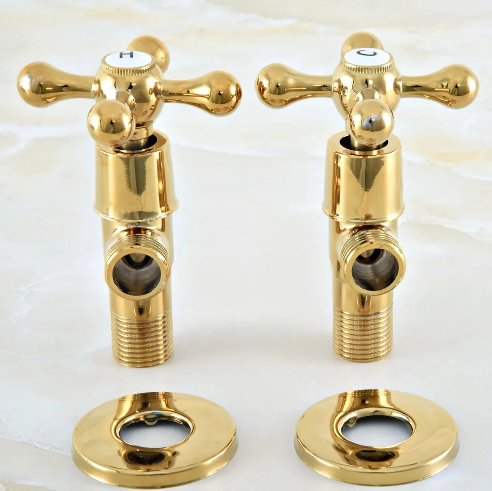 2Pcs-Polished-Gold-Color-Brass-Cross-Handles-Bathroom-Angle-Stop-Valve ...