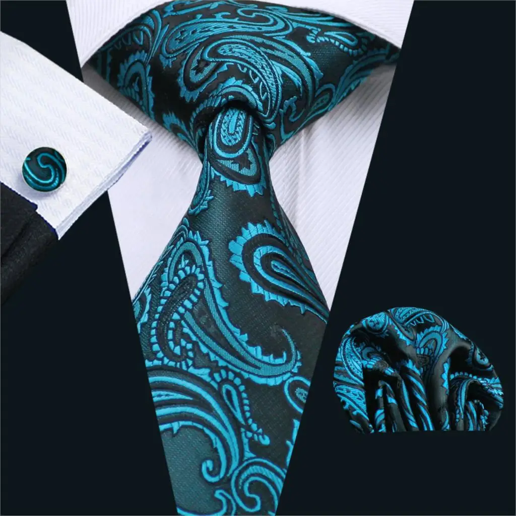 Men`s Tie Green Paisley Silk Jacquard Woven Necktie Handkerchief Cufflinks Set For Business