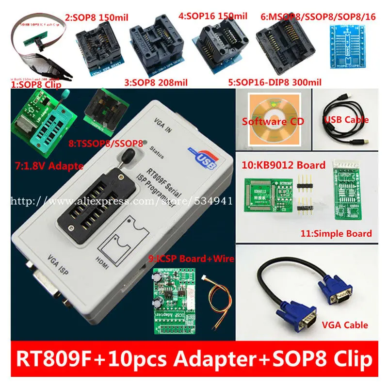 Programador RT809F LCD ISP 100% original, 10 adaptadores + clip de prueba sop8 IC + adaptador de ...