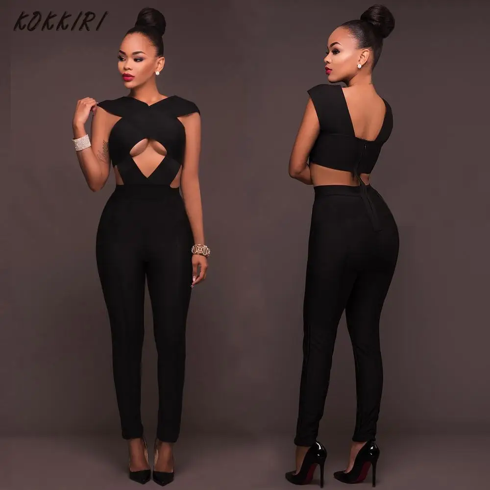 Summer Sexy Black 2 Piece Set Women Suits Cross Neck Hollow Out