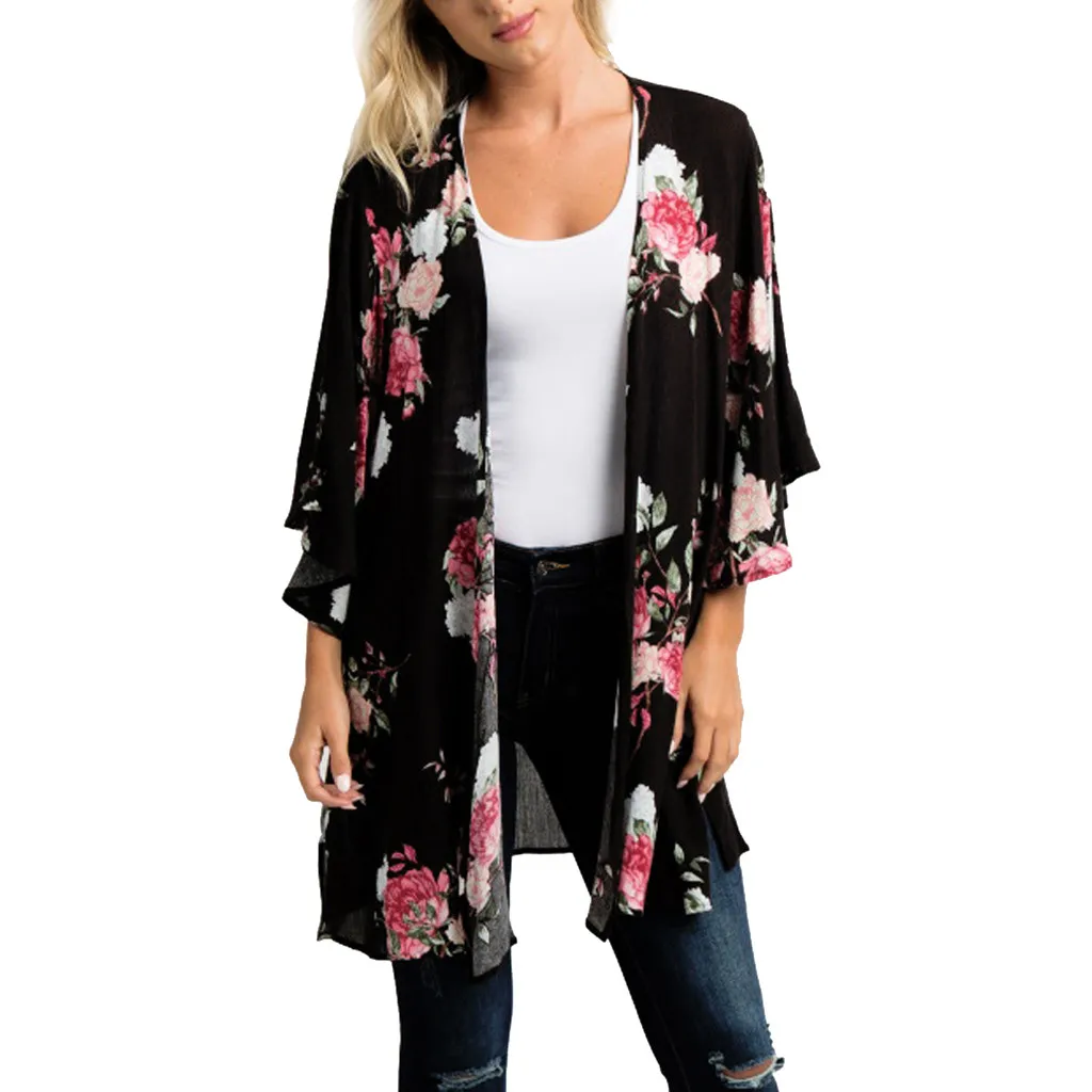 Feitong Women Tops Chiffon Shawl Floral Print Kimono Cardigan