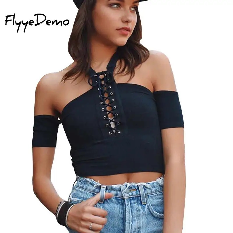 Lace Up Halter Sexy Tops For Women Fashion Short Sleeve Bandage Black