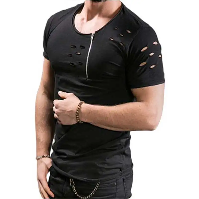 Camiseta-rasgada-para-hombre-Camisa-ajustada-con-cuello-redondo-y ...