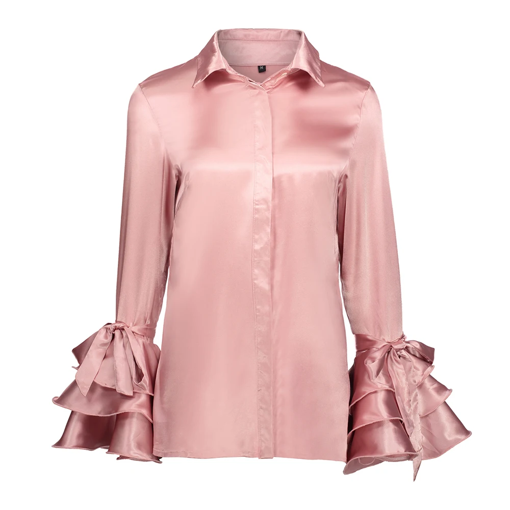 Brand Women Satin Pink Blouses Shirts Tops Fashion Ruffles Turn down ...