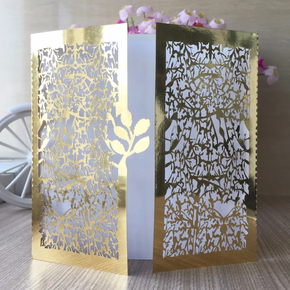30pcs/lot Graceful Laser Cut Two Folds Bright Gold Wedding Invitation ...
