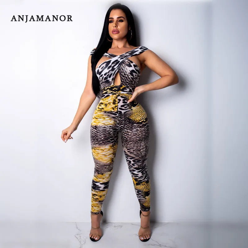 ANJAMANOR Animal Print Sexy Bandage Bodycon Jumpsuit Leopard Snake ...