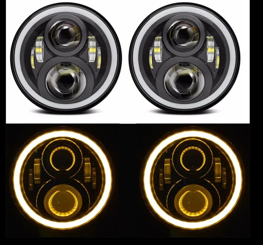7 inch Headlight Angel eyes white DRL Hi/Lo Beam 7'' Headlight Yellow ...