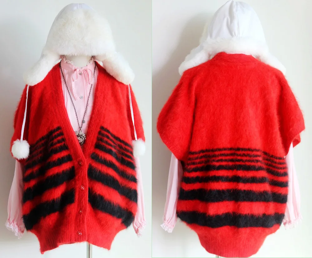 Angola retro vintage long rabbit rabbit long cardigan sweater with red ...