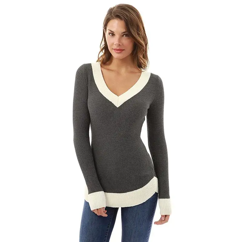 Buy Knitted Women Warm Winter Tops V Neck Patchwork Long Sleeves Casual Leisure