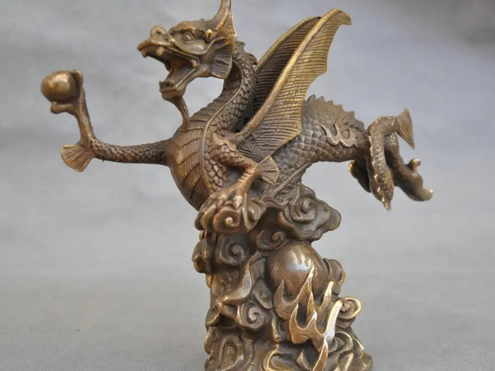 10" China Bronze Statue Fengshui Winged Flying Dragon On Fire Cloud ...