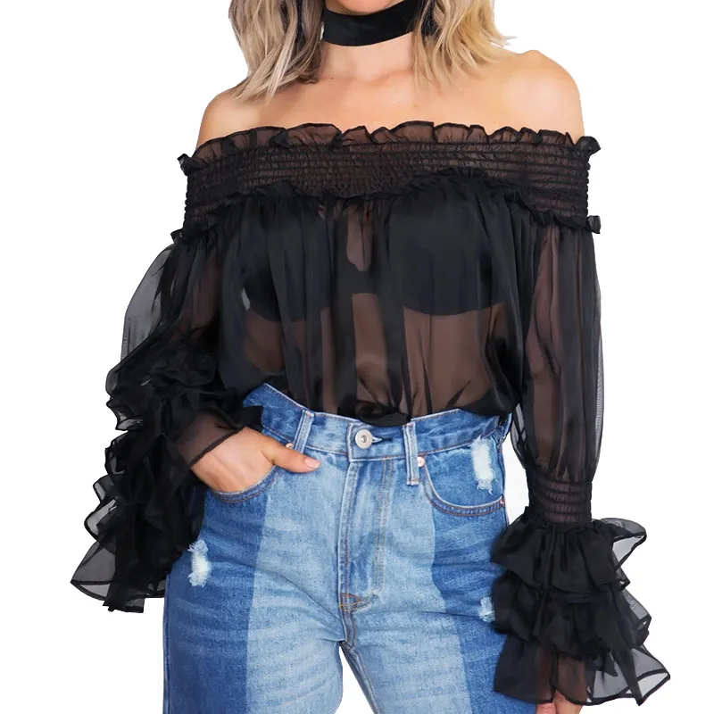 Women See Through Blouse Sexy Ruffled Long Sleeve Off Shoulder Mesh ...