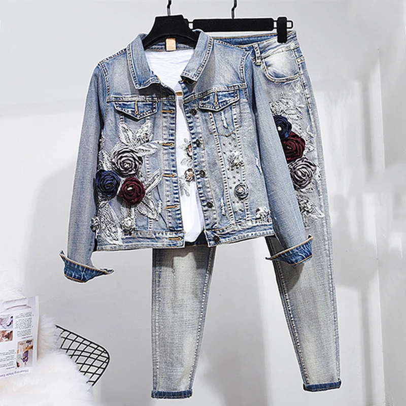 Female Beading Sequins Denim Set Casual Vintage Sequins Stretch Sexy