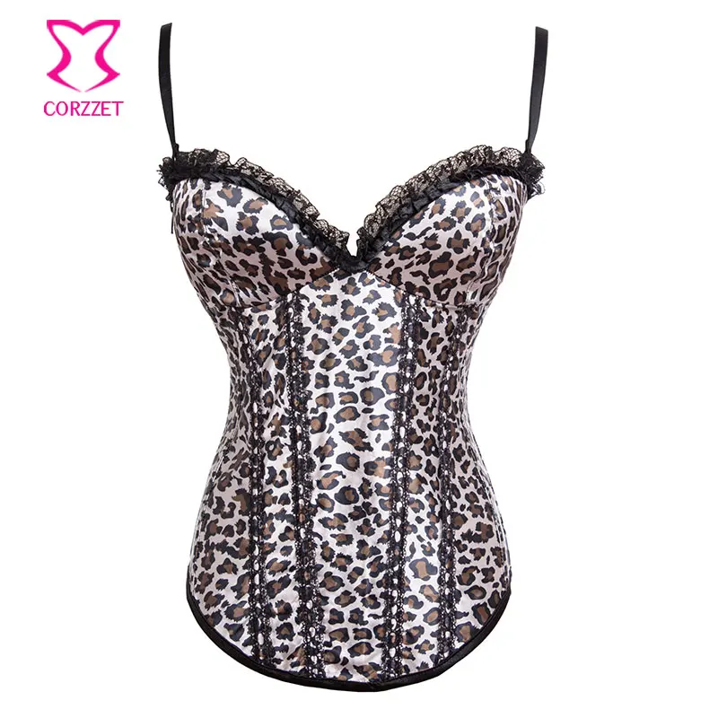 Leopard Satin Zipper Corselet Overbust Sexy Bustier Corset Gothic