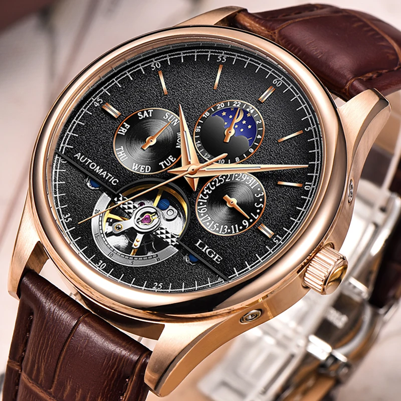 Nova LIGE Moda Relógio Marca De Luxo de Couro Tourbillon Automatic ...