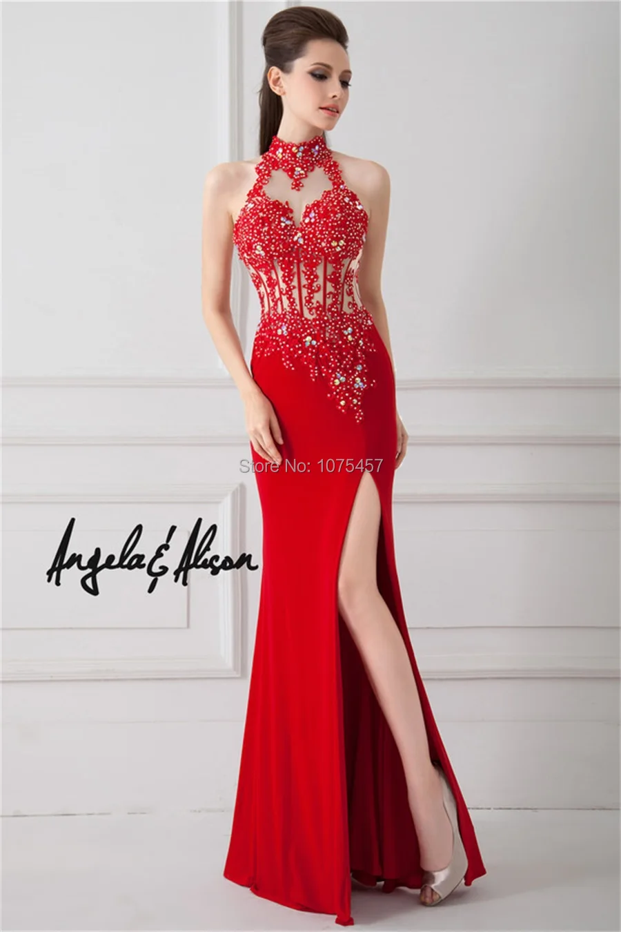 Free Shipping Sexy High Slit Long Prom Dress Crystal See Through Halter ...