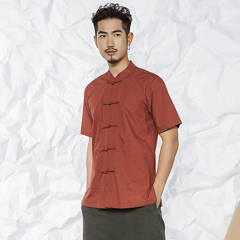 Chinese Style Mens Wear Stand Collar Shirt Male Summer Short Sleeve
