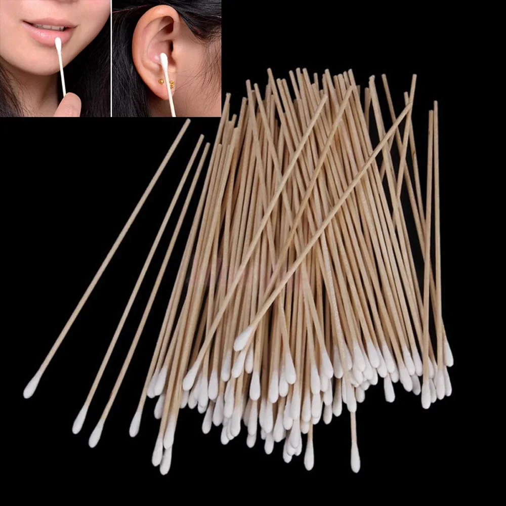 100Pcs Long Wood Handle Cotton Swab Medical Swabs Ear Cleaning Cosmetic ...