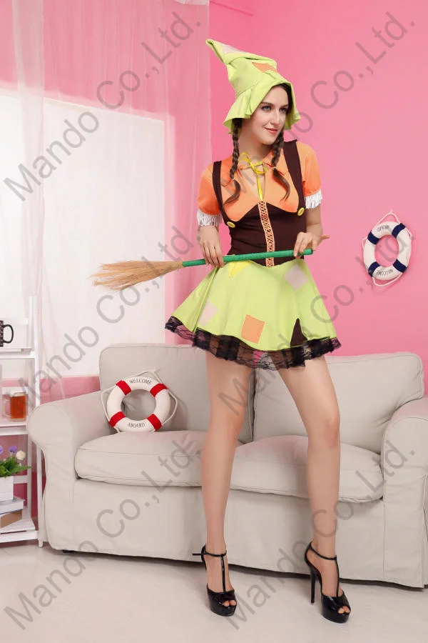 With Hat 3pcs Suit Women Girls Cute Sexy Witch Cosplay Green Dress Halloween Costume Party