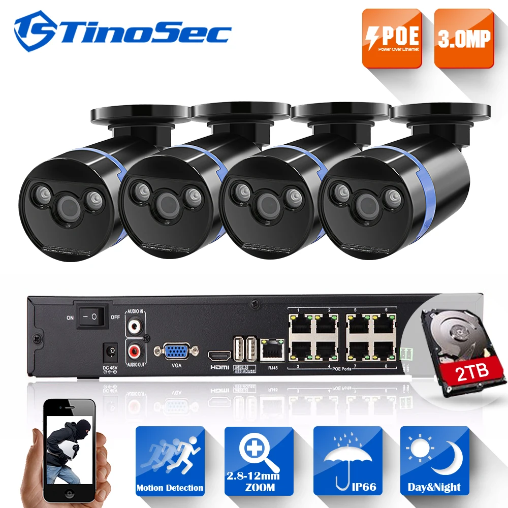 TinoSec 3K 8CH 3MP H.265 Surveillance System ONVIF P2P PoE 2048*1536 ...