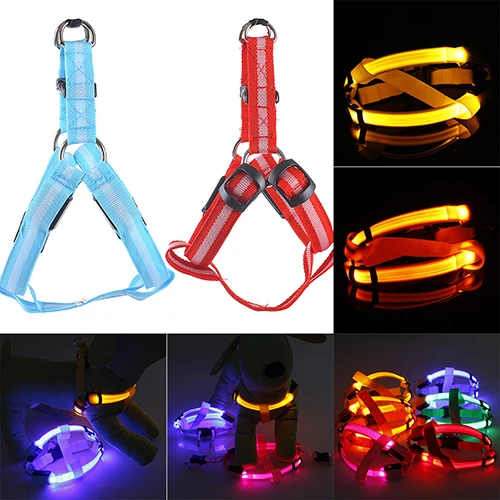 Pet Dog Cat Safety Nylon LED Flashing Light Harness LED Leash Rope Belt ...