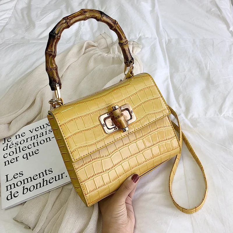 2019 새로운 악어 무늬 작은 여성 스퀘어 핸드백 대나무 핸들 토트 백 럭셔리 브랜드 디자이너 레이디 숄더 크로스 바디 백