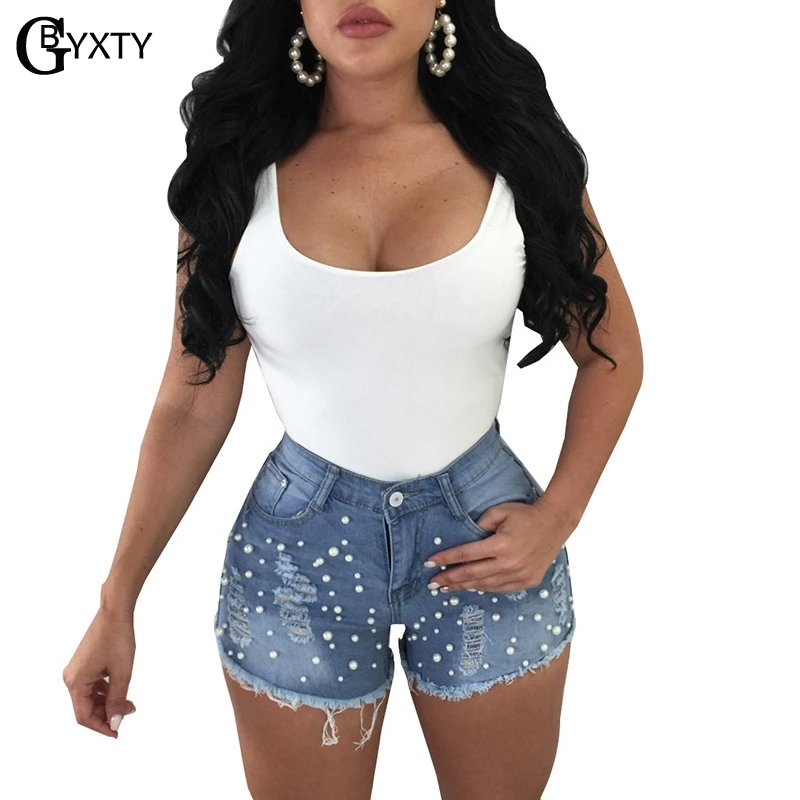 Gbyxty Sexy Ripped Holes Pearl Beading Club Shorts Women Summer Casual High Waist Denim Shorts