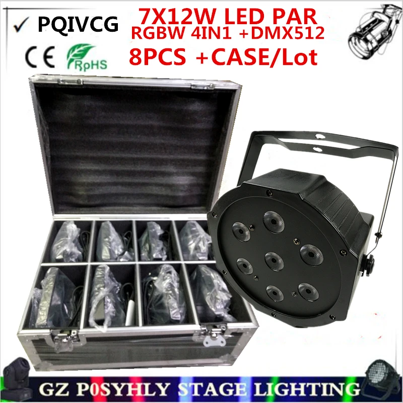 8pcs / 7X12W led Par lights+Flight Case RGBW 4in1 flat par led dmx512 ...