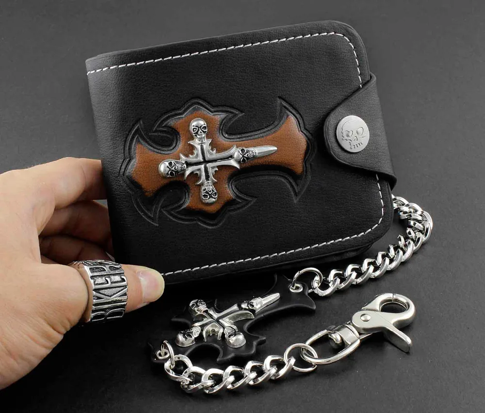 Mens Rock Punk Metal Cross Skull Money Black Leather Zipper Wallet With ...