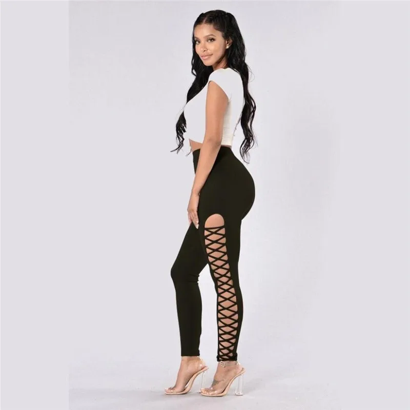 New Arrival Womens Stretchy Leggings High Waist Black Bandage Hollow