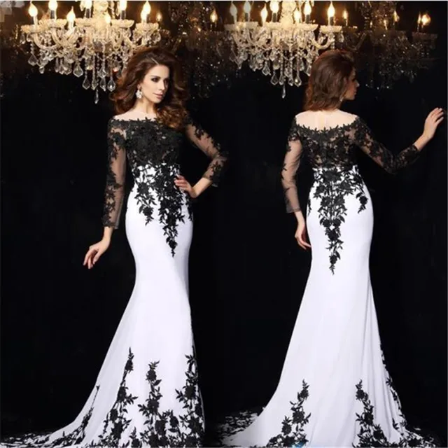 elegant black white evening dresses 2017 long sleeve appliques lace mermaid formal dress women ...