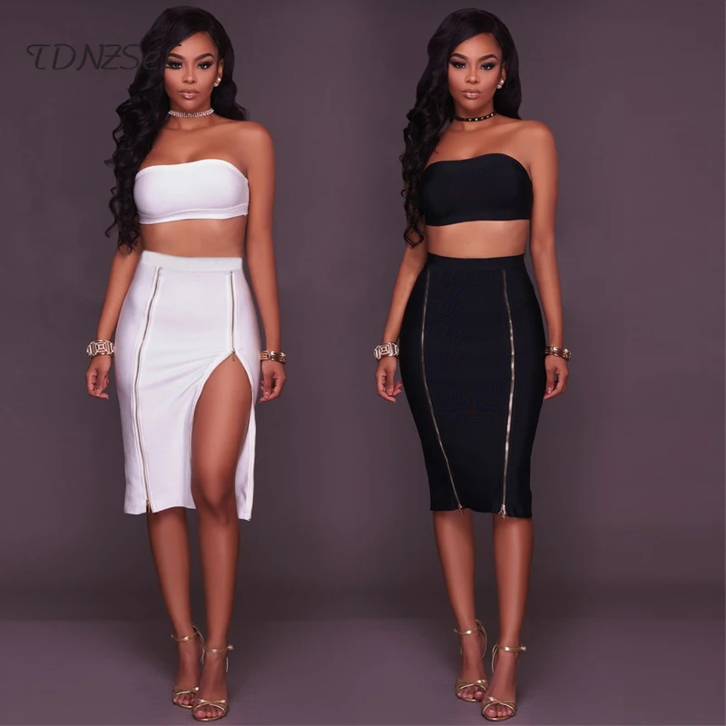2018 Sexy Club Women 2 Two Piece Sets Strapless Crop Tops Zipper Split