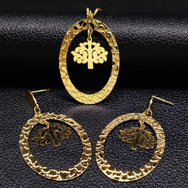 2019 Tree of life Stainless Steel Jewelry Set Peru Gold Color Necklace ...